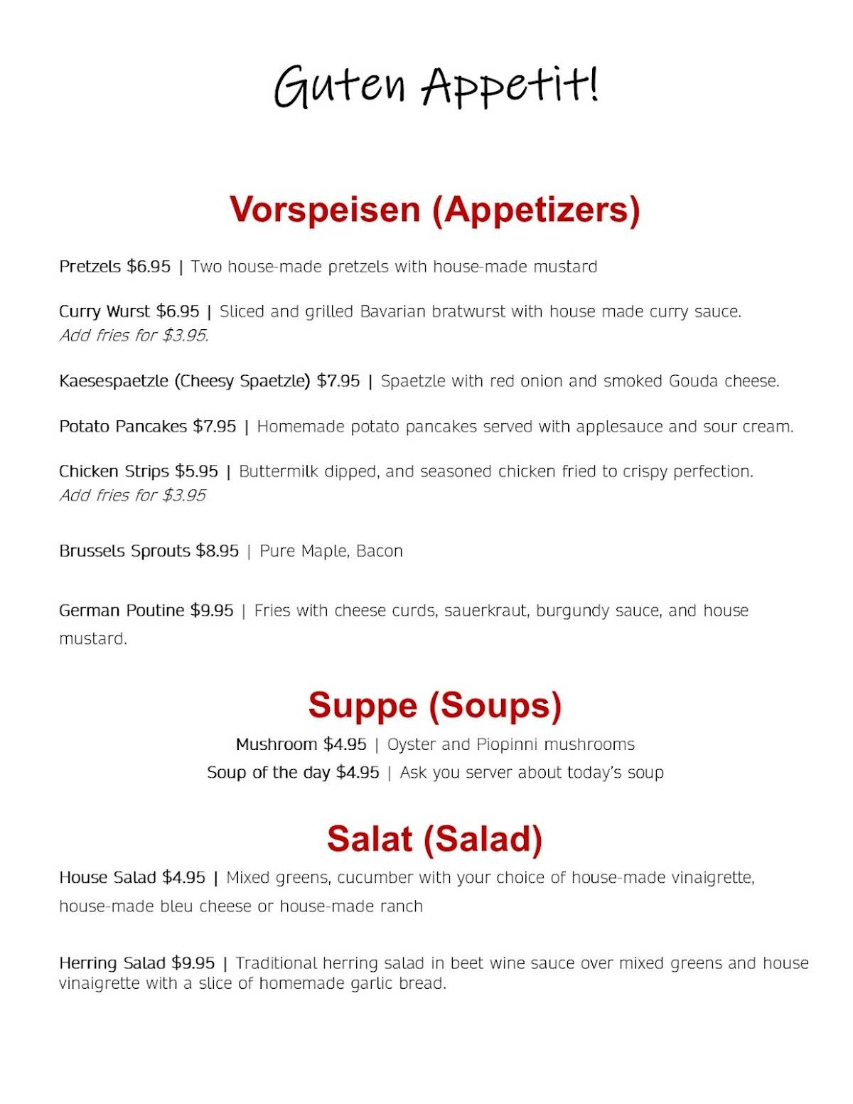 Menu at Weiss' Gasthaus German Restaurant, South Bend