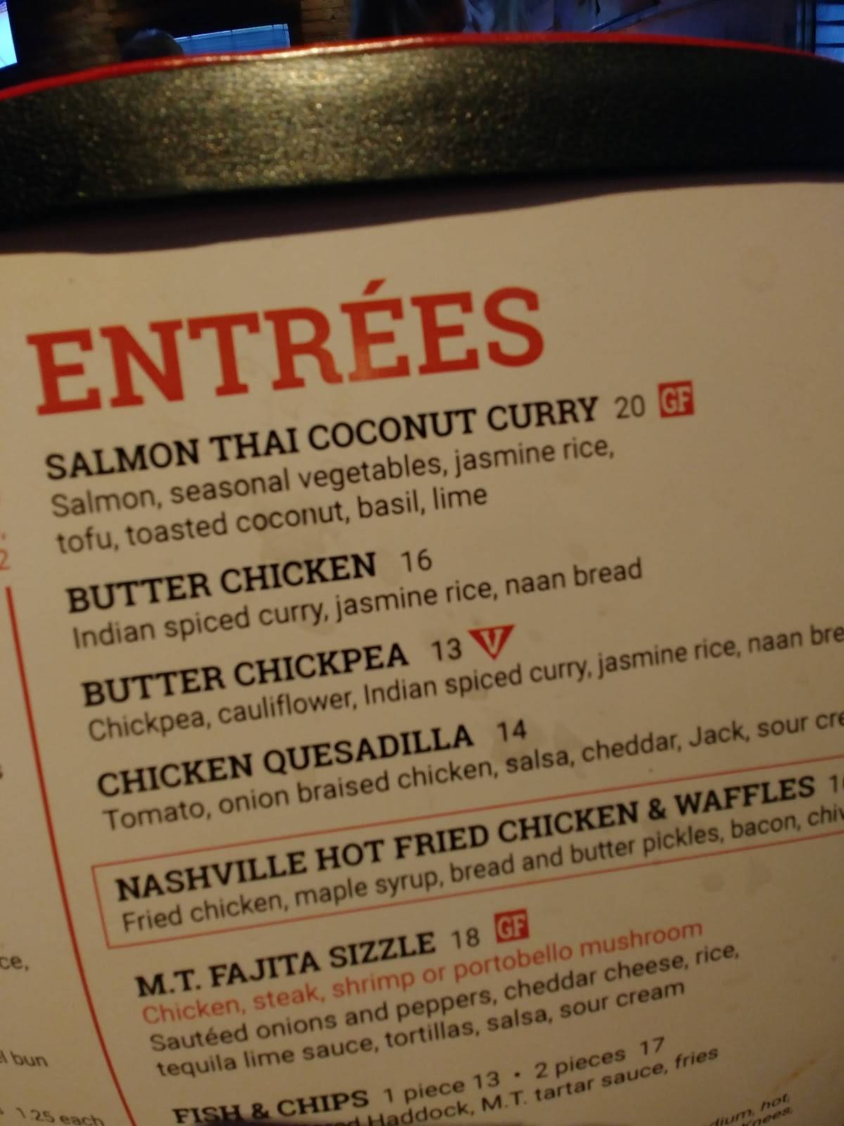 Menu at M.T. Bellies restaurant, Welland
