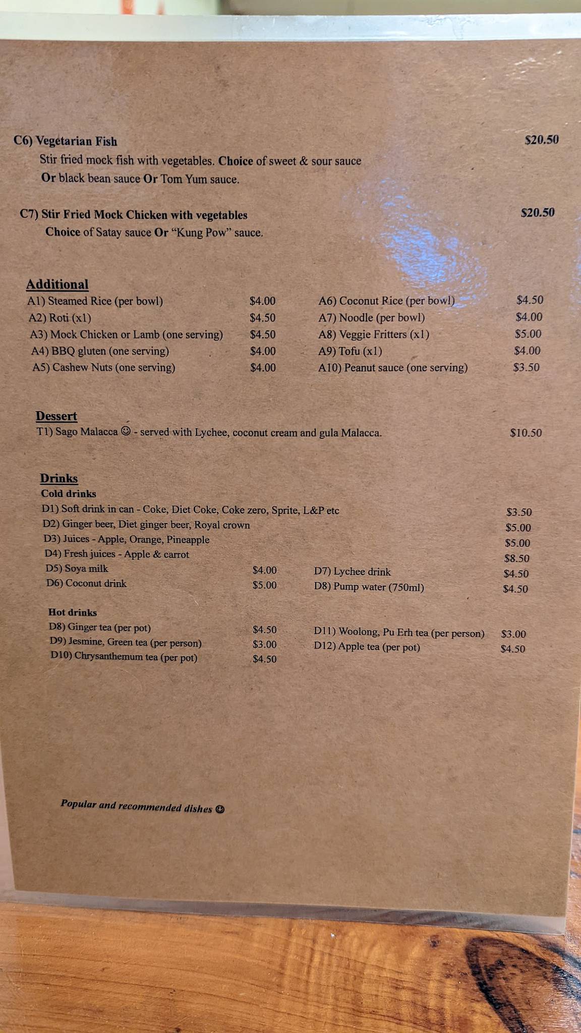 Menu at Aunty Mena's Vegetarian Restaurant & Cafe, Wellington