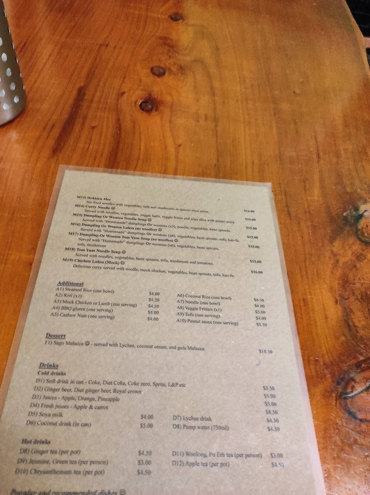 Menu at Aunty Mena's Vegetarian Restaurant & Cafe, Wellington