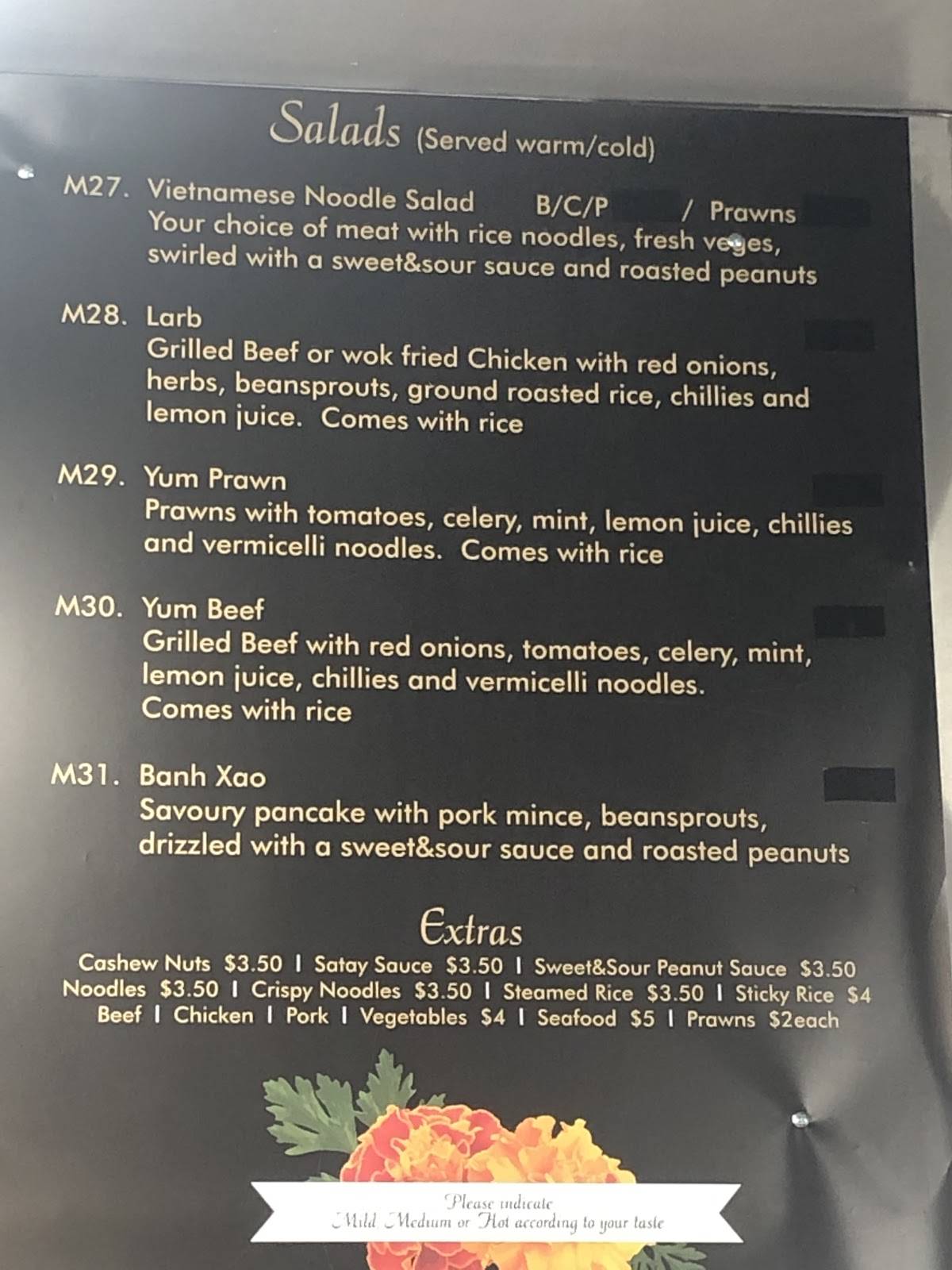 Menu at Marigold Takeaway restaurant, Wellington