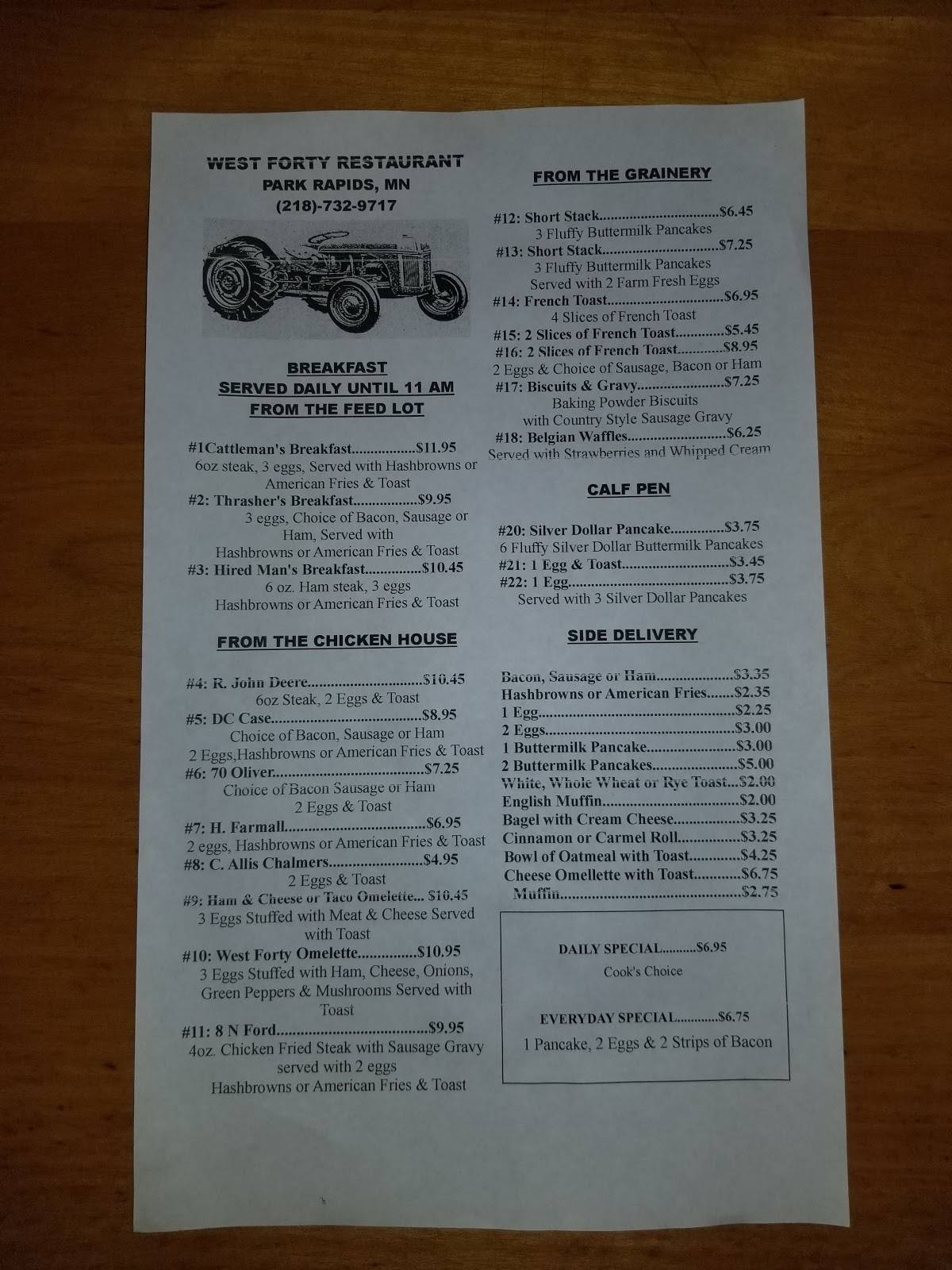 Menu at West Forty Restaurant, Park Rapids, 906 1st St W