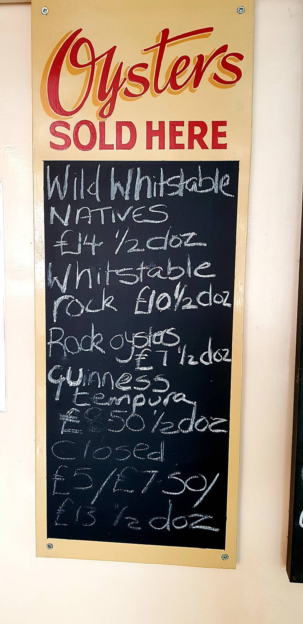 Menu at Wheelers Oyster Bar, Whitstable