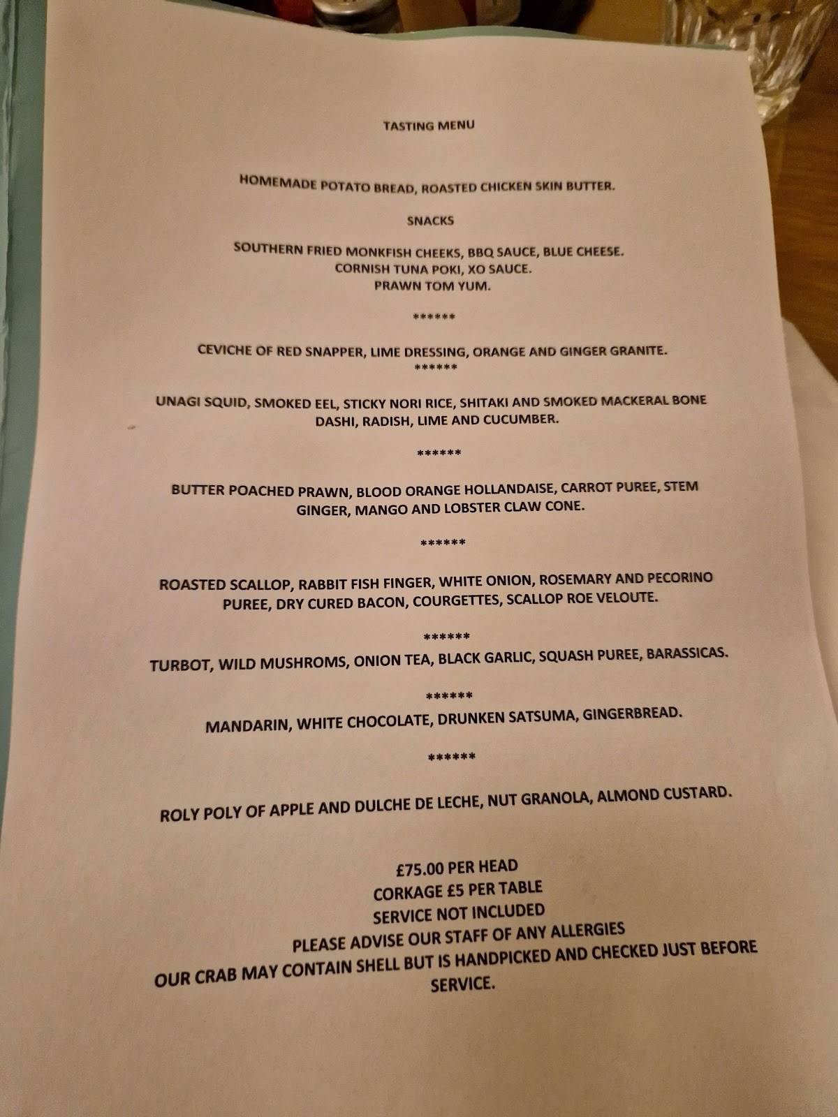 Menu at Wheelers Oyster Bar, Whitstable