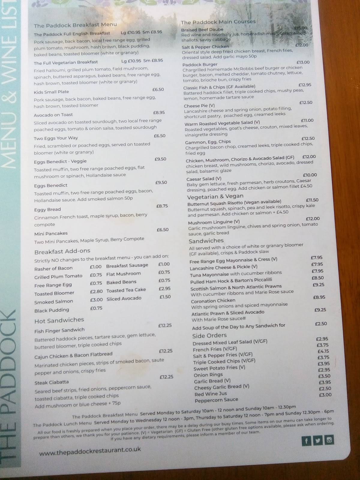 Menu at The Paddock cafe, Wigan
