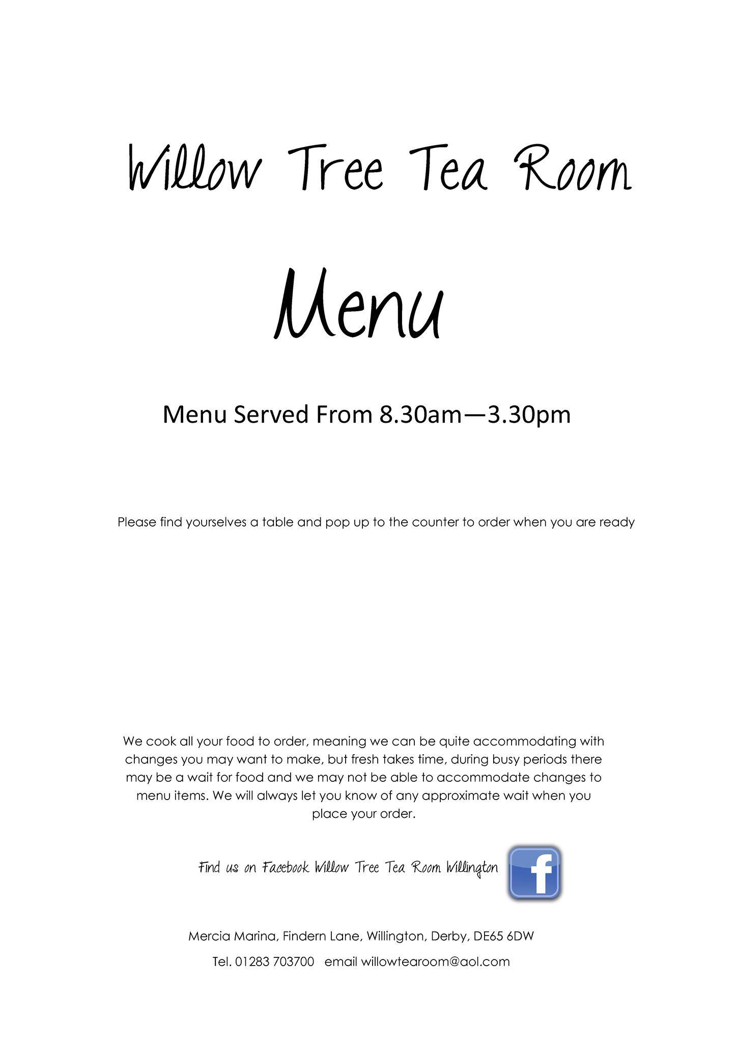 Menu at Willow Tree Tea Room cafe, Derby
