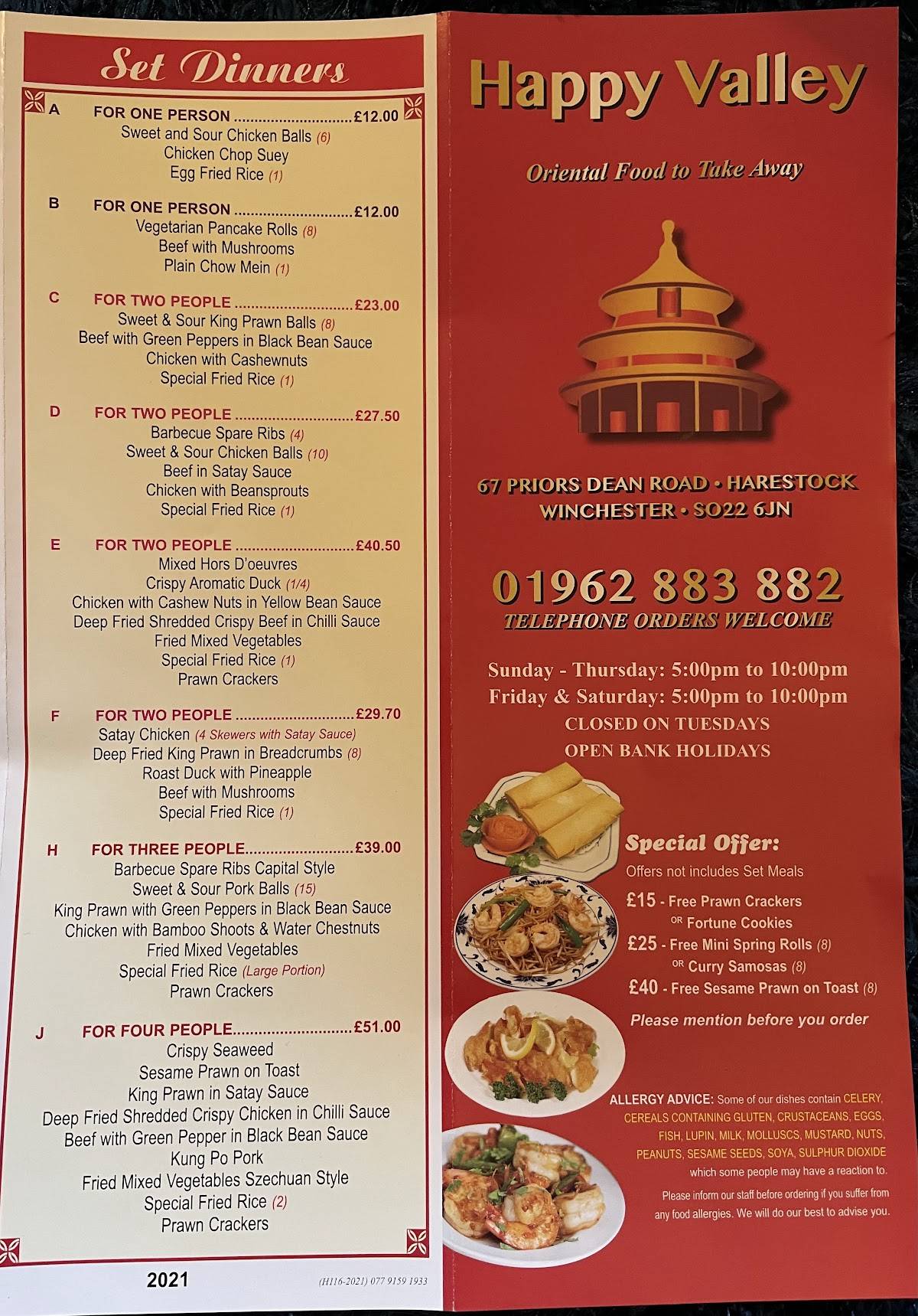 Menu at Happy Valley restaurant, Winchester