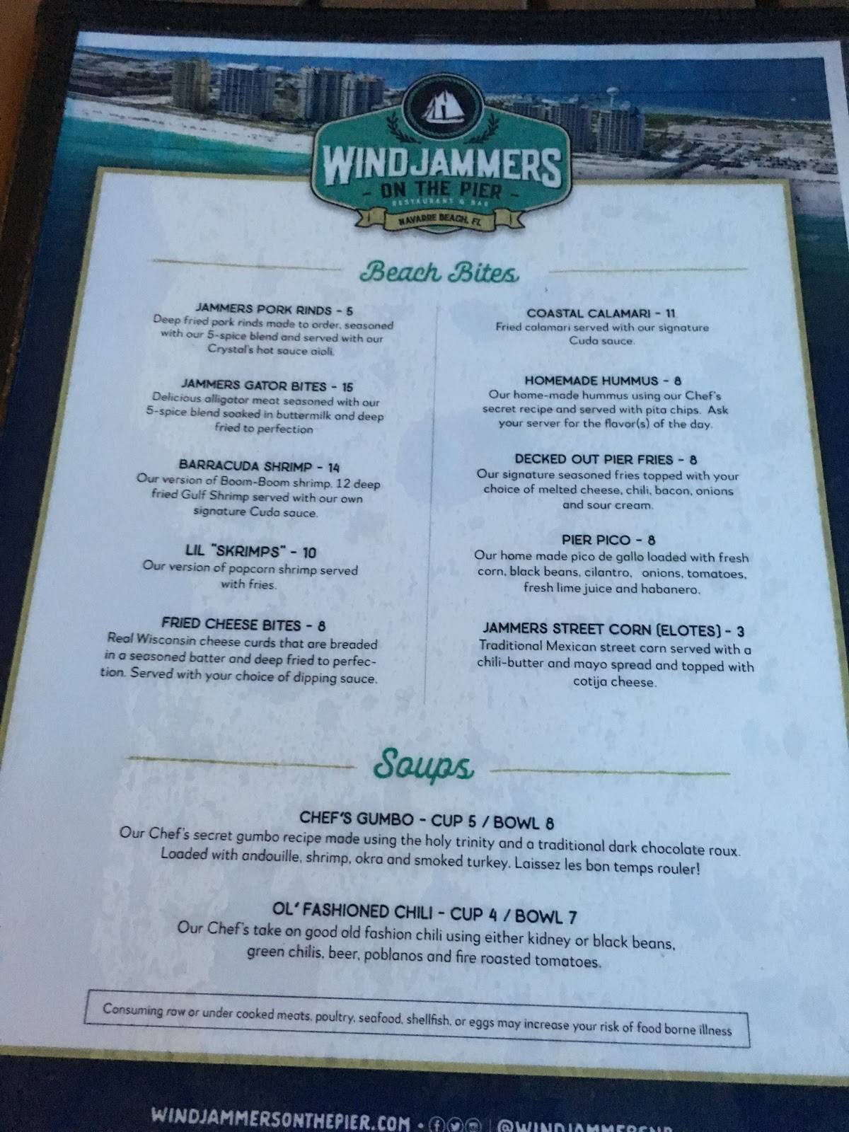 Menu at Windjammers on the Pier pub & bar, Navarre