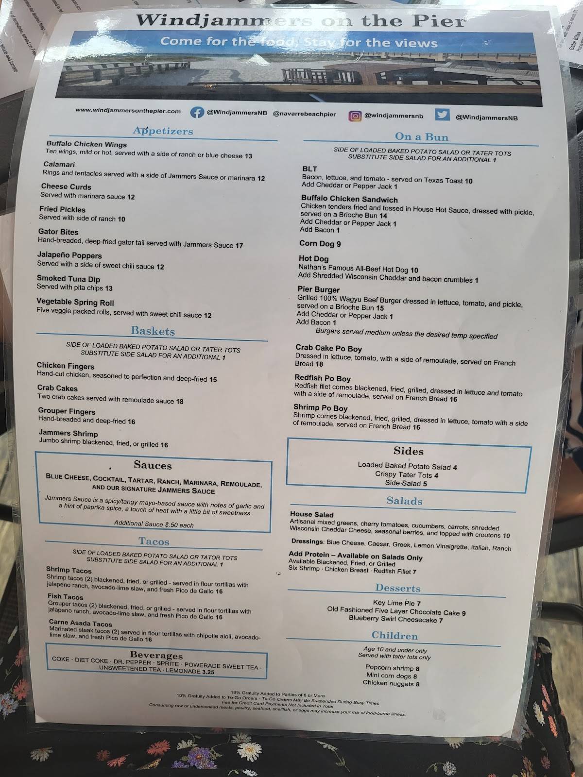 Menu at Windjammers on the Pier pub & bar, Navarre