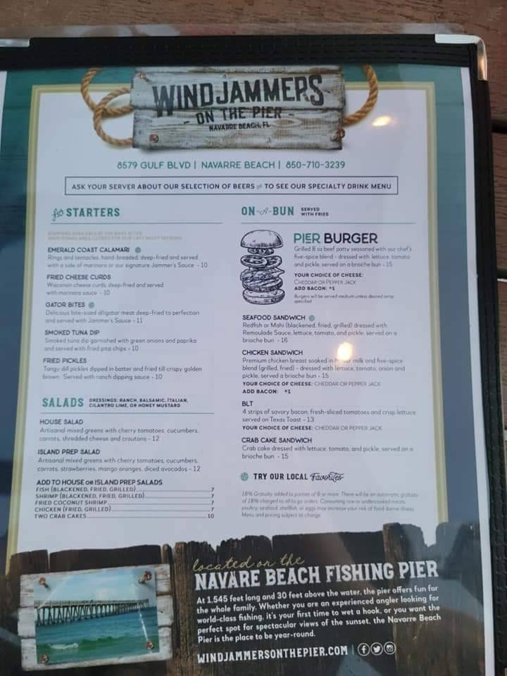 Menu at Windjammers on the Pier pub & bar, Navarre