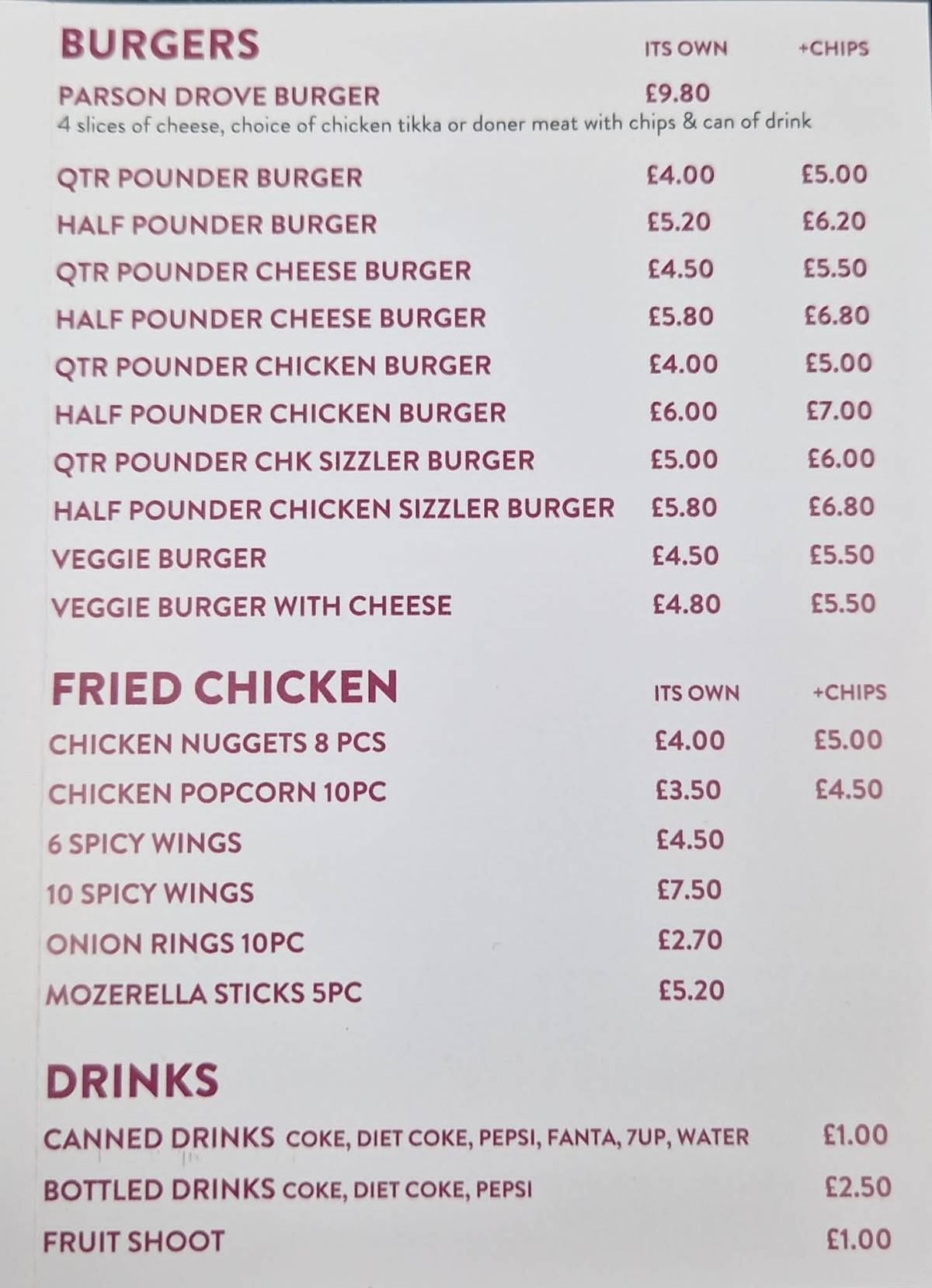Menu at Parson Drove Takeaway, Wisbech Saint Mary