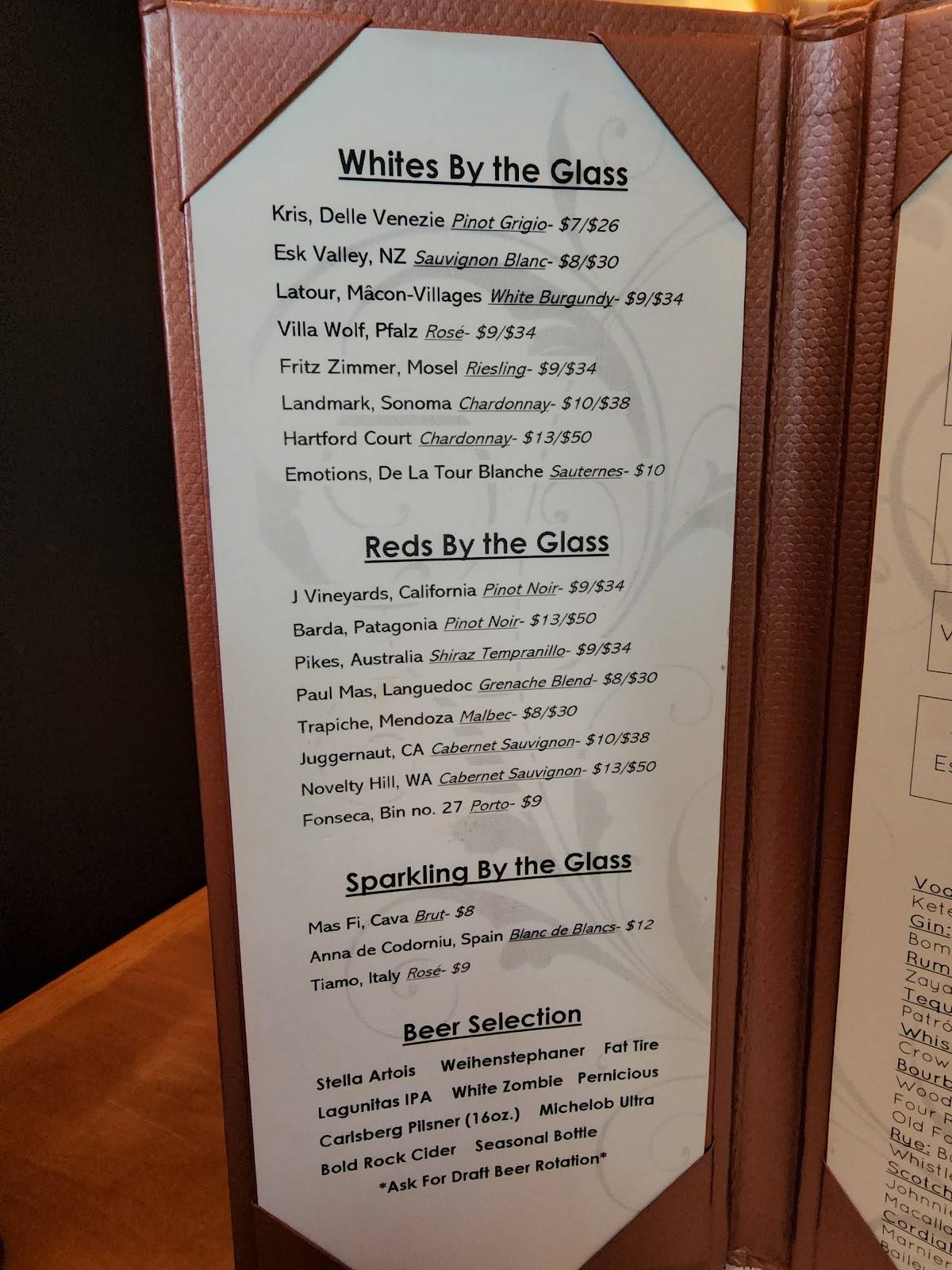 Menu at Wolcott's restaurant, Southern Pines