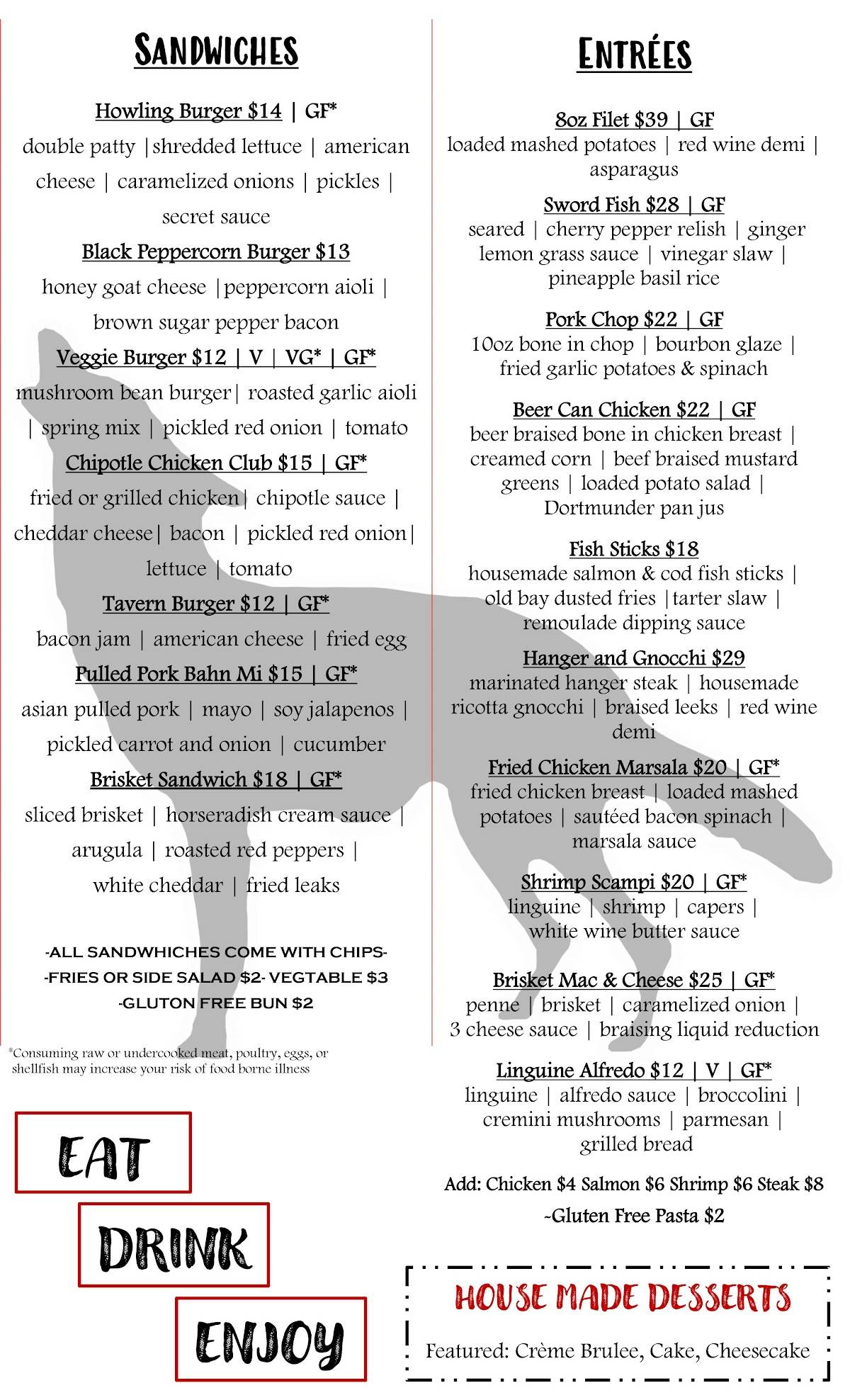 Menu at Wolf Creek Tavern restaurant, Norton