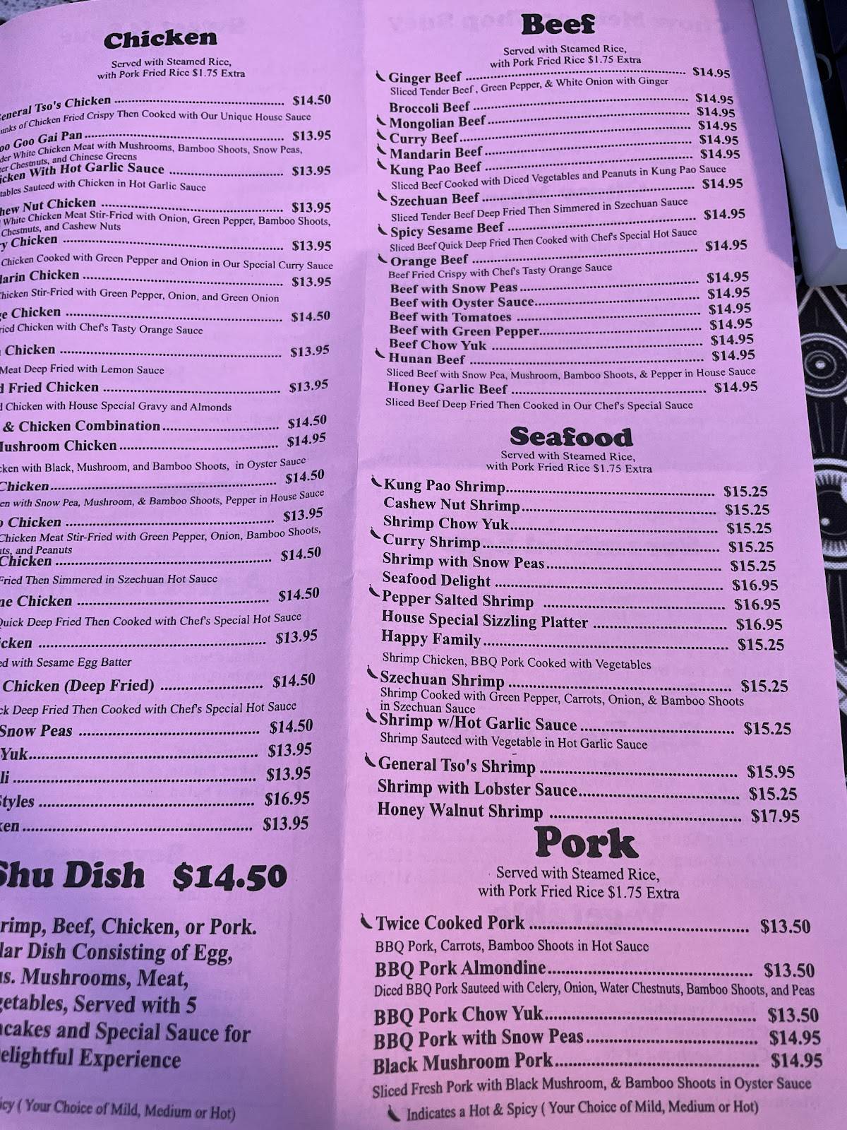 Menu at Great Shanghai restaurant, Yakima