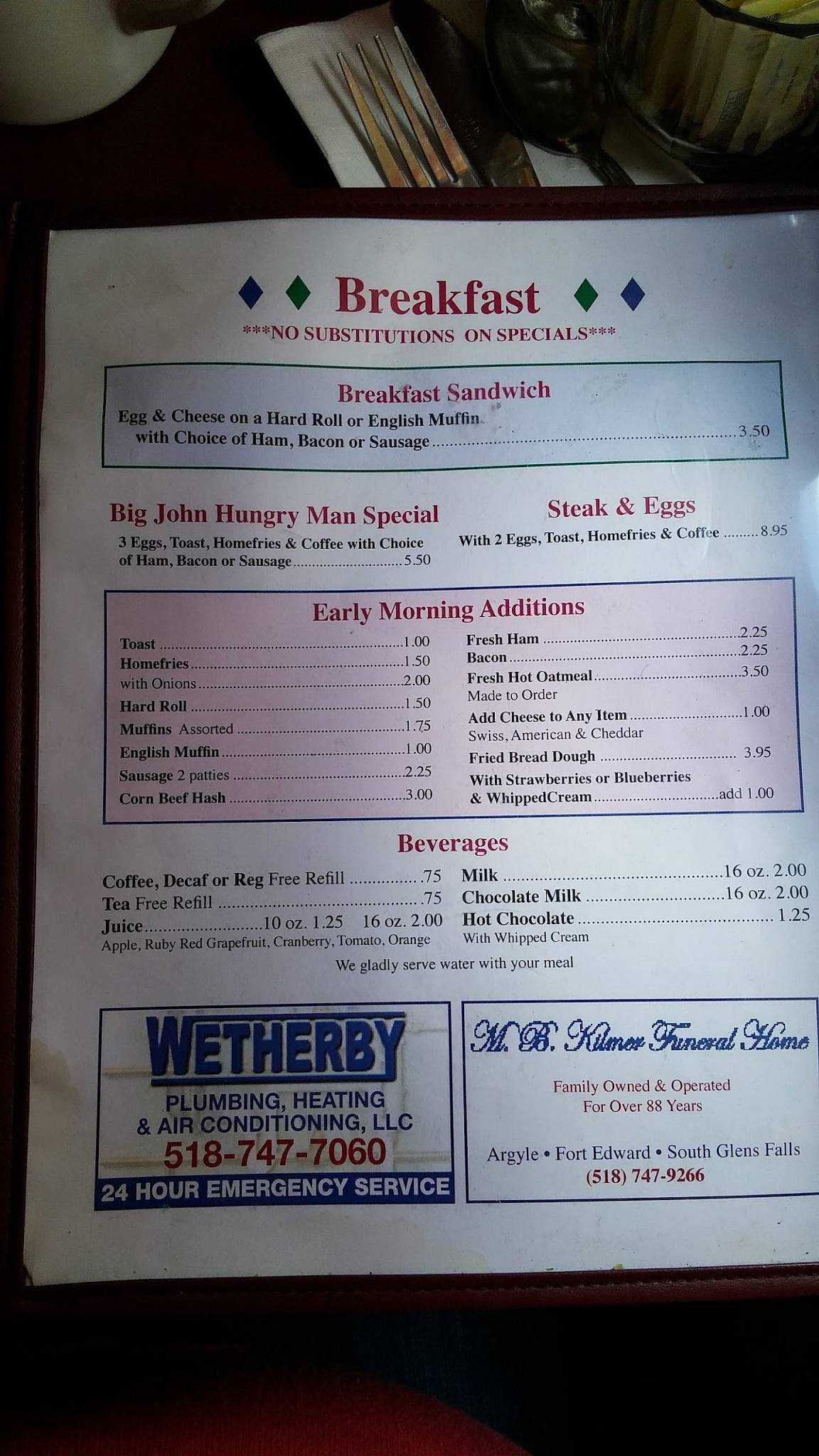Menu at Ye Old Fort Diner restaurant, Fort Edward