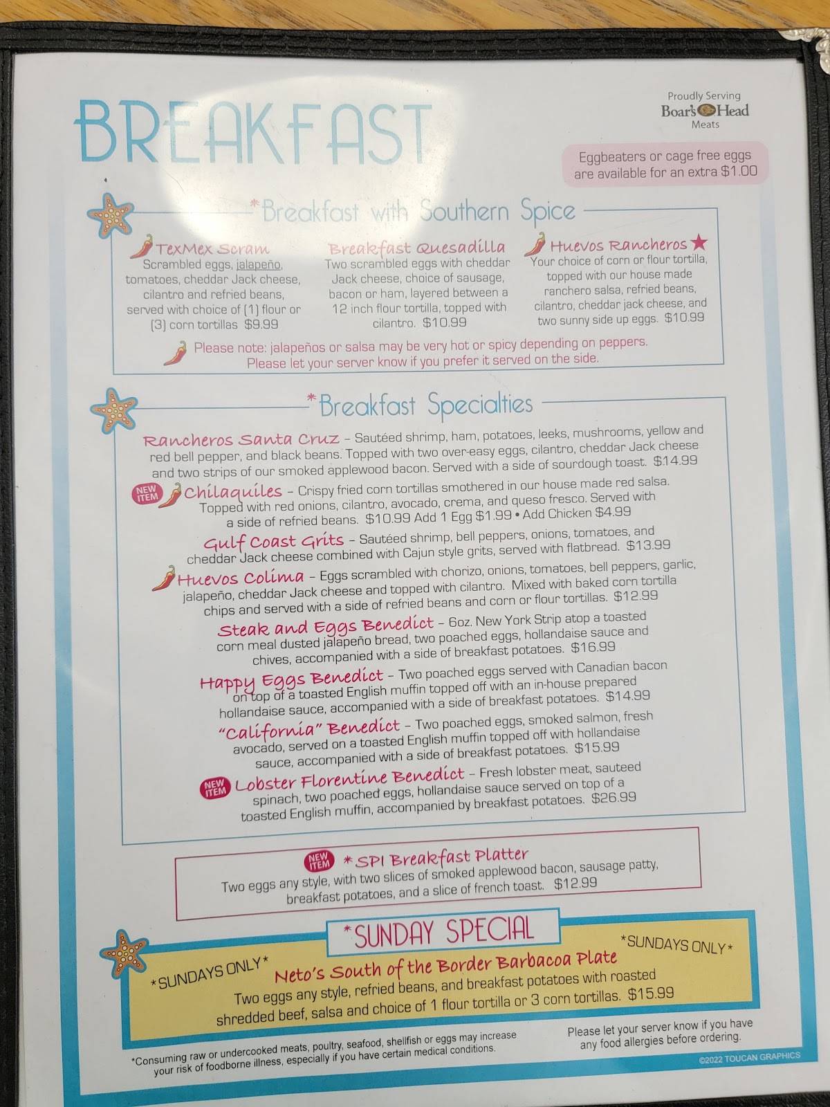Menu at Yummies Bistro cafe, South Padre Island