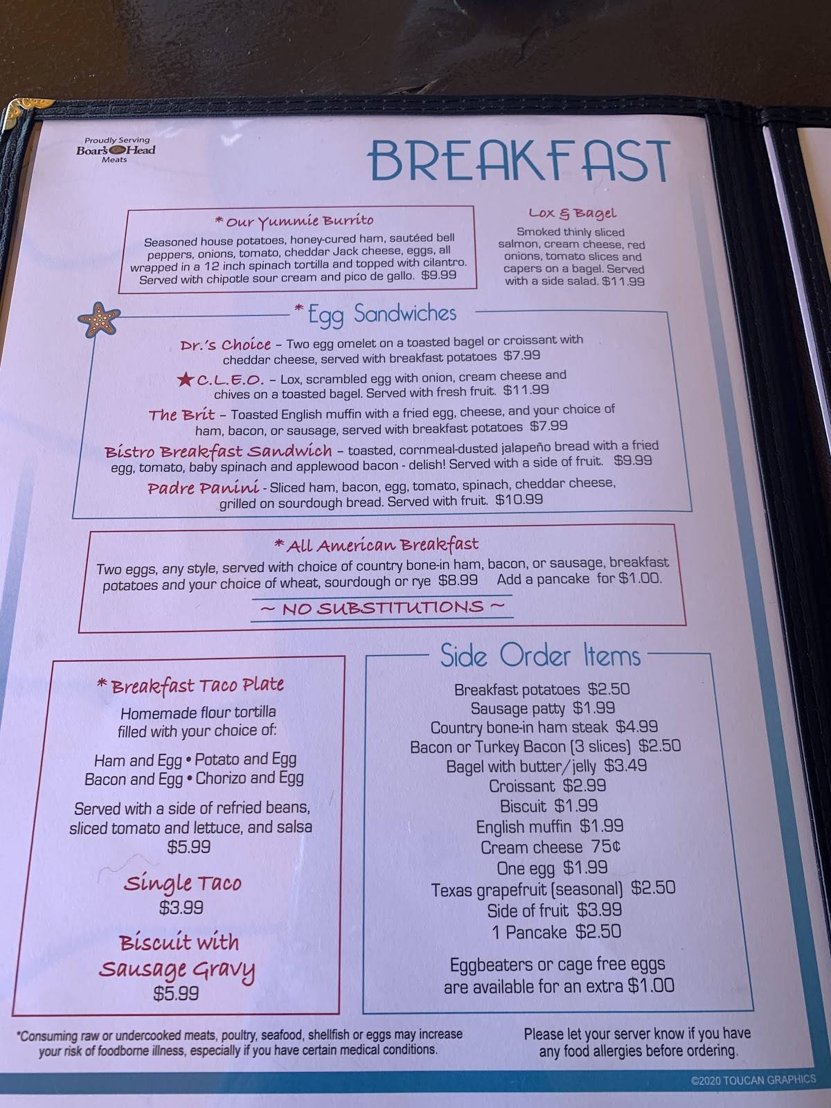 Menu at Yummies Bistro cafe, South Padre Island