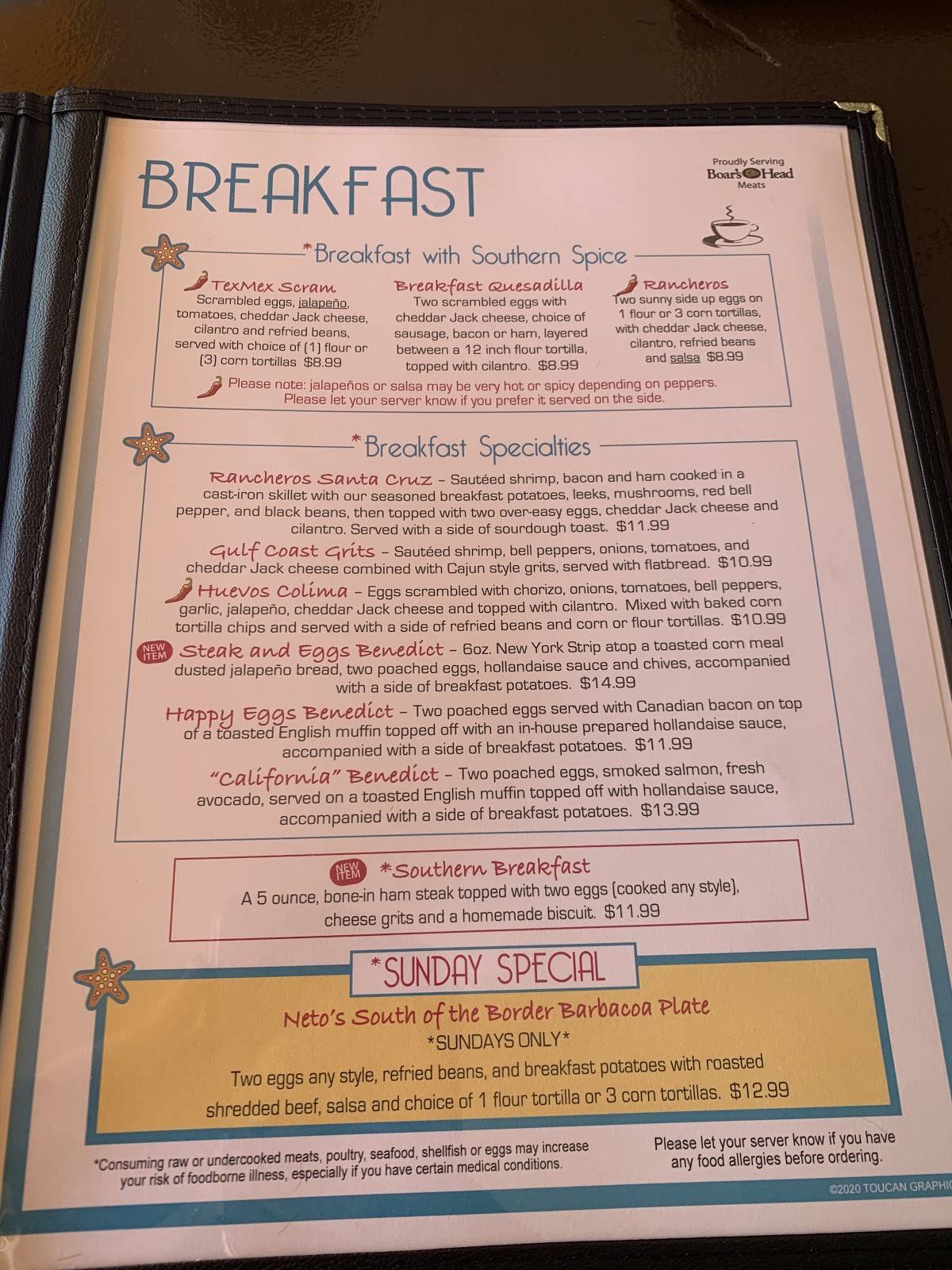Menu at Yummies Bistro cafe, South Padre Island