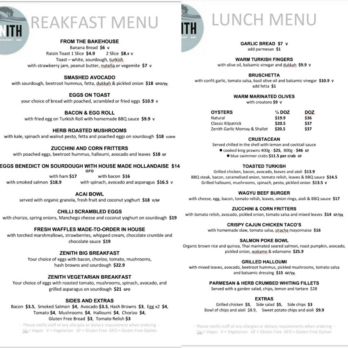 Menu at Zenith Cafe, Restaurant and Bar, Shoal Bay