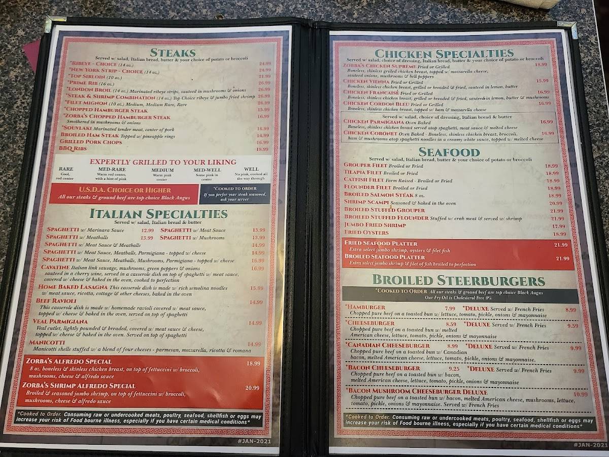 Menu at Zorba's restaurant, Cedartown