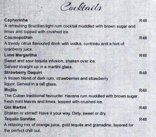 Menu at Cafe Picobella Trattoria, Johannesburg