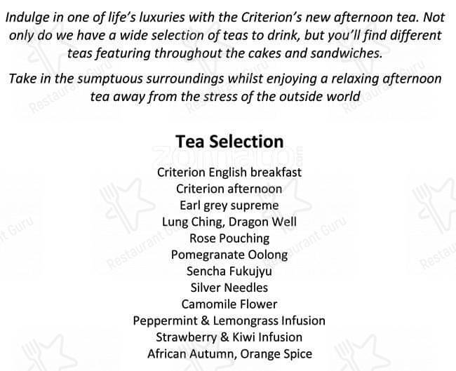 Menu at Criterion Restaurant, London, 224 Piccadilly