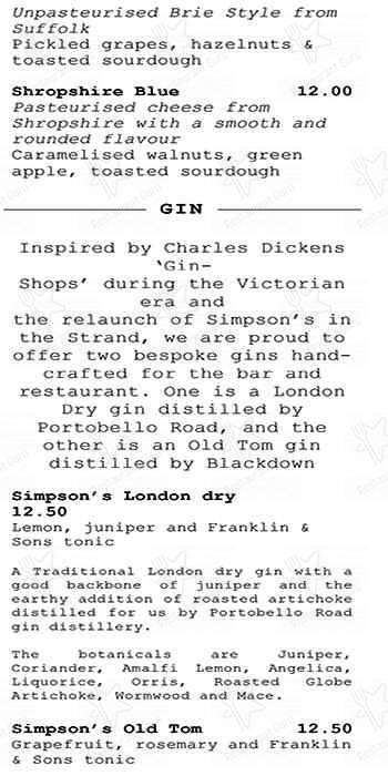Menu at Simpson's in the Strand restaurant, London
