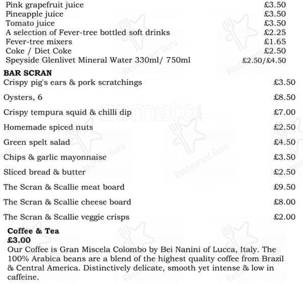 Menu at The Scran and Scallie pub & bar, Edinburgh