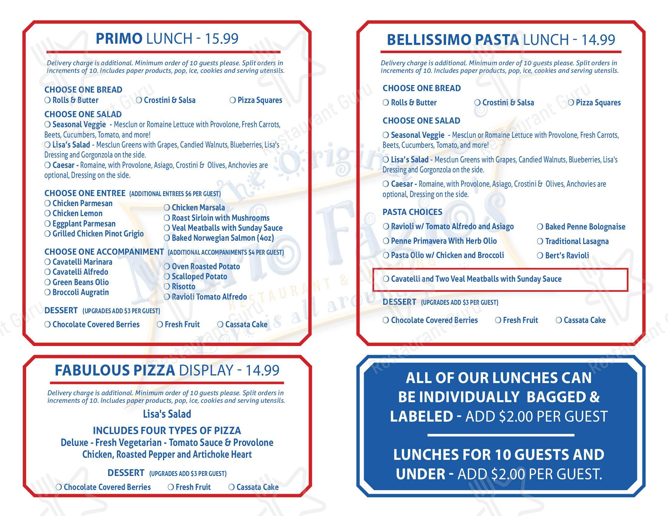 Menu at The Original Mario Fazio’s restaurant, Willoughby Hills
