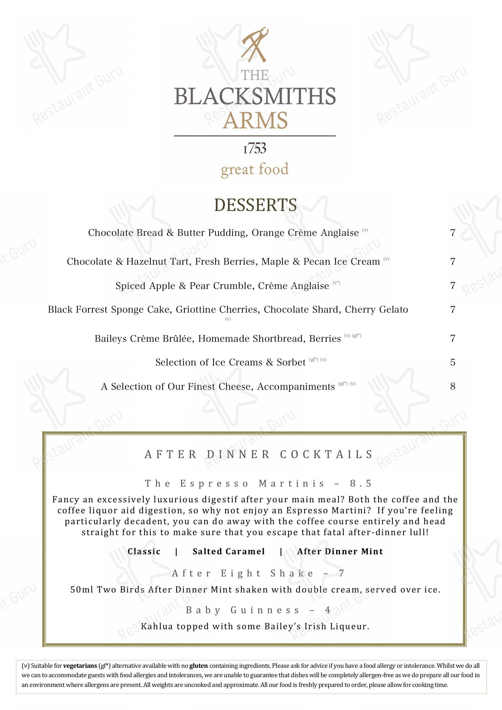Menu at The Blacksmiths Arms restaurant, Barrow upon Soar, 2-4 Church Lane