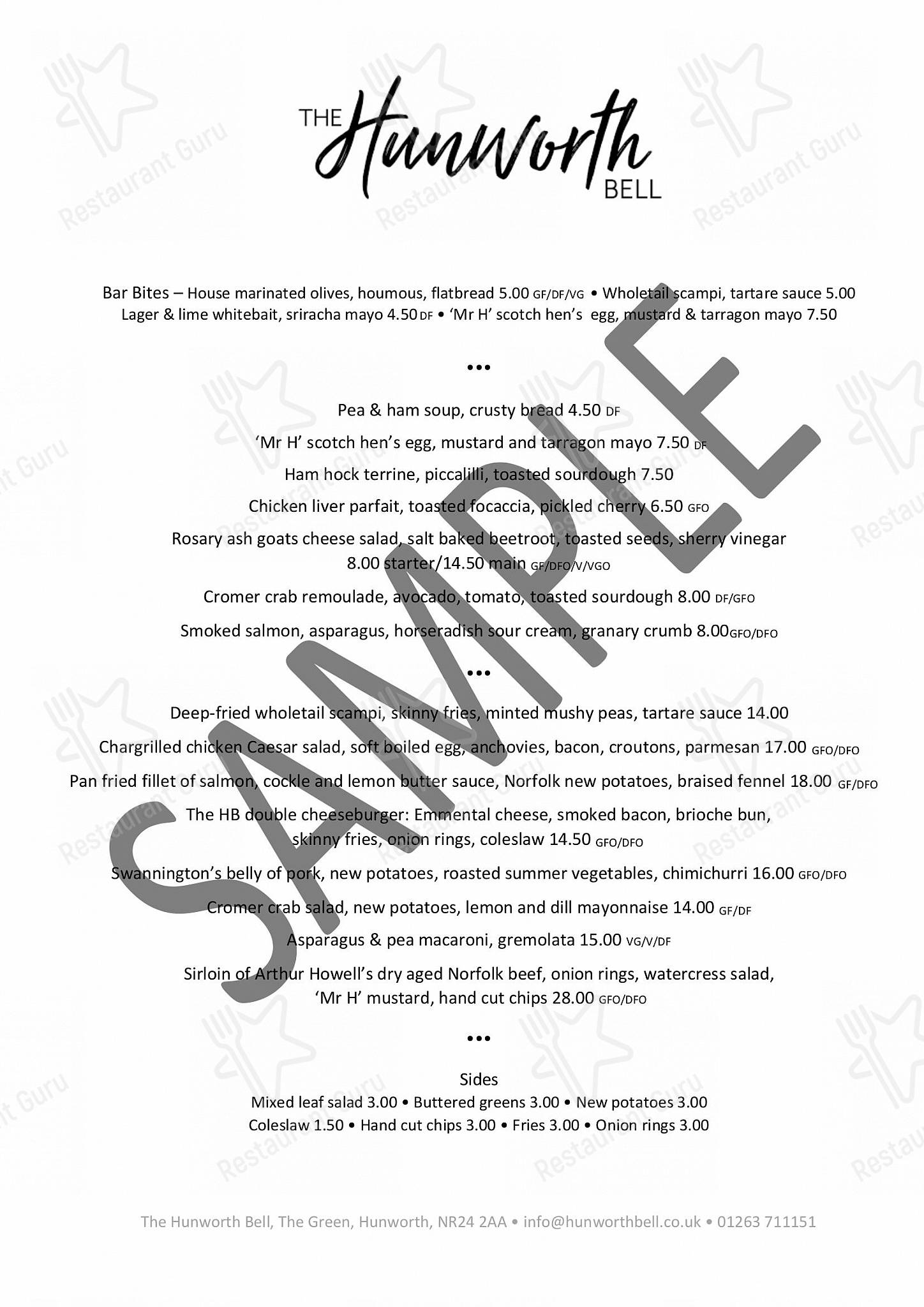 Menu at The Hunworth Bell pub & bar, Briston