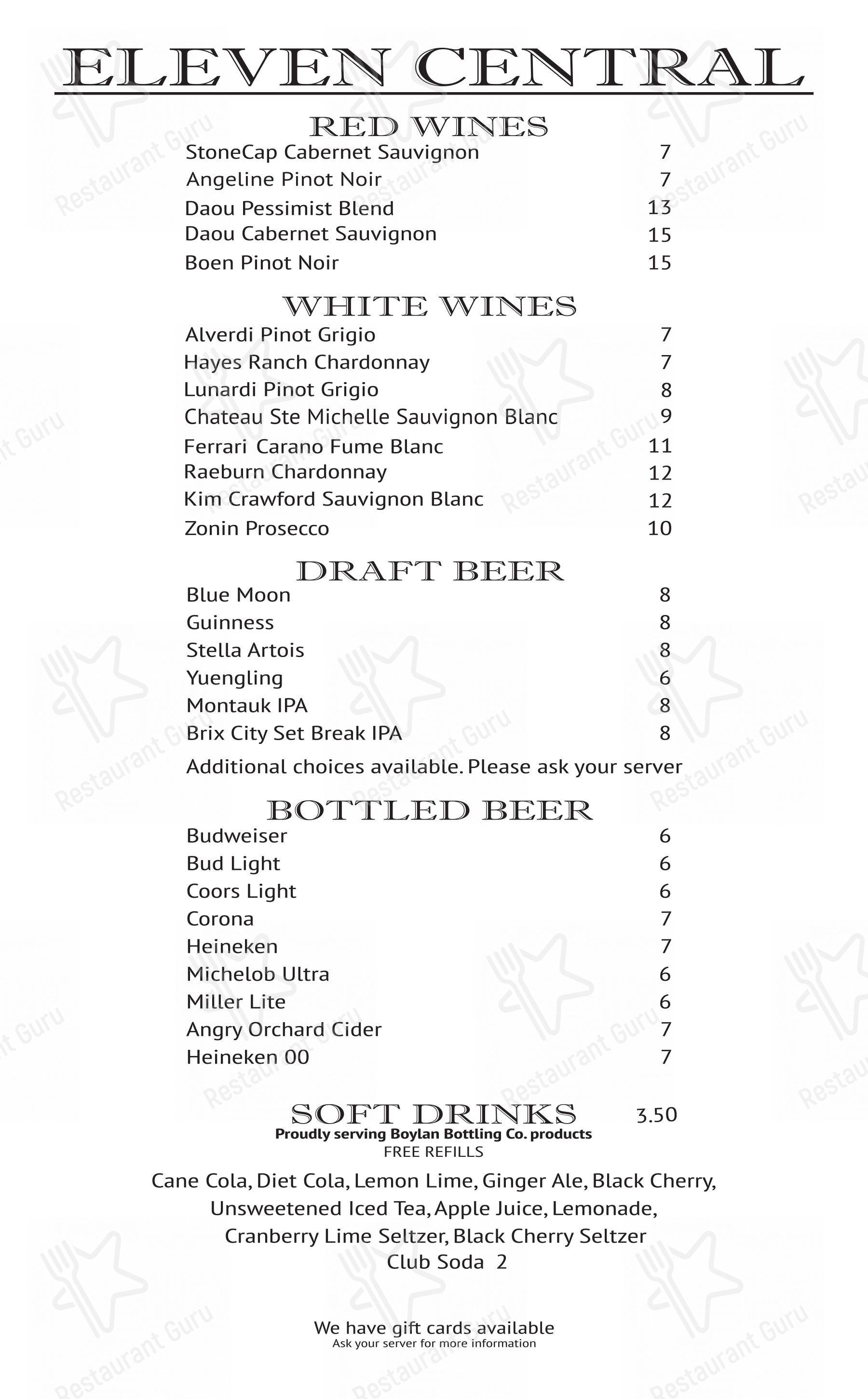 Menu at Eleven Central pub & bar, Midland Park