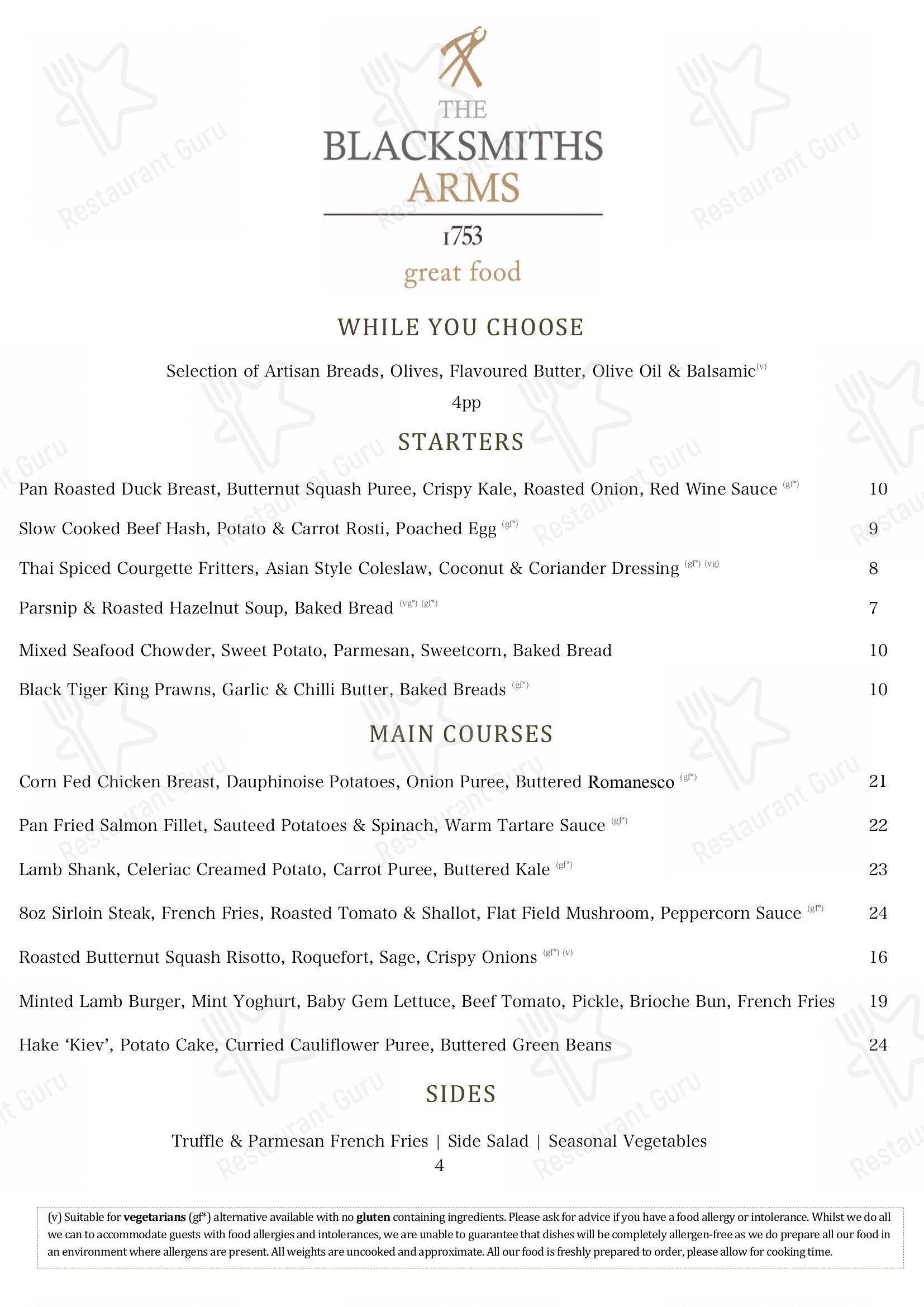 Menu at The Blacksmiths Arms restaurant, Barrow upon Soar, 2-4 Church Lane