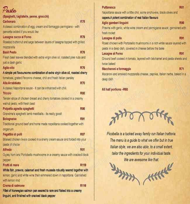 Menu at Cafe Picobella Trattoria, Johannesburg