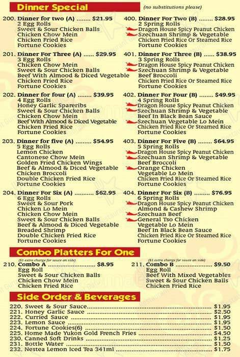 Menu at Dragon House restaurant, Oakville, Sixth Line