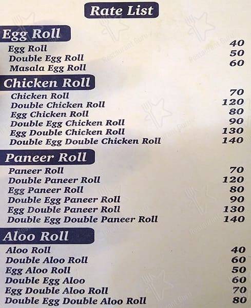 Menu at Maharaja Roll Point, New Delhi