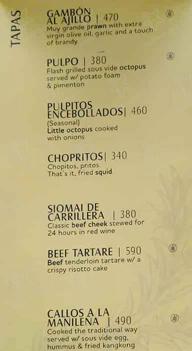 Menu at La Pícara Manila restaurant, Taguig