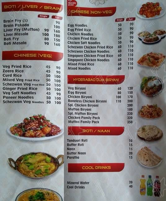 Menu at Masala zone, Hyderabad