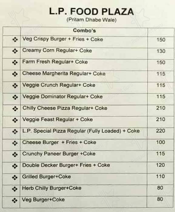 Menu at Pritam Dhaba, Amritsar, opp. RAILWAY STATION