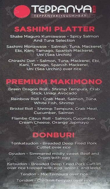 Menu at Teppanya restaurant, Quezon City