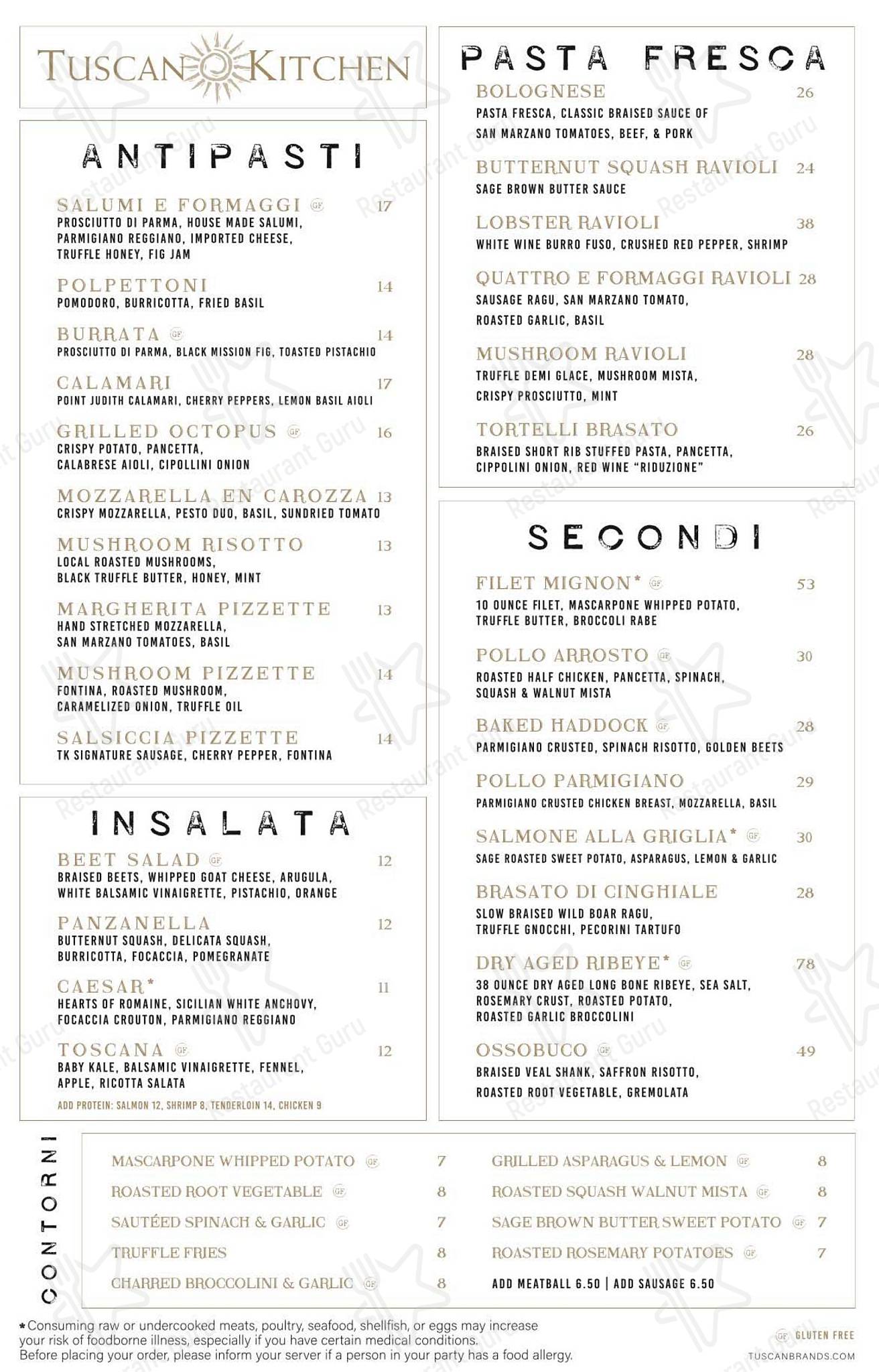 Menu at Tuscan Kitchen Salem restaurant, Salem, 19 Via Toscana