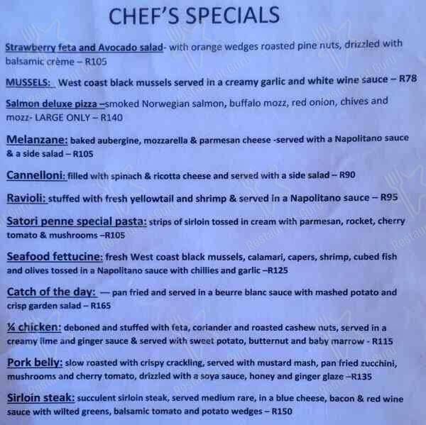 Menu at Satori Kalk Bay restaurant, Cape Town