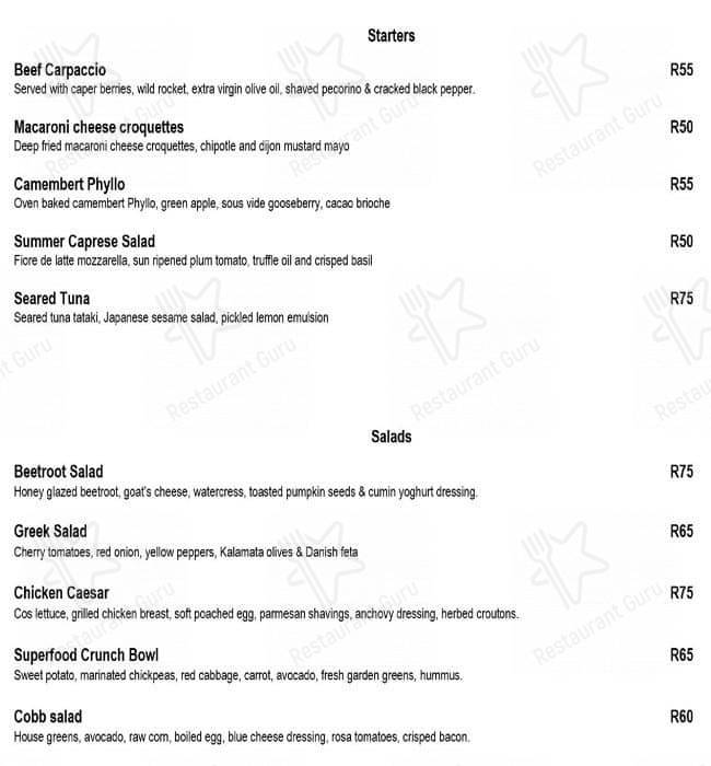 Menu at The Hyde Hotel restaurant, Cape Town