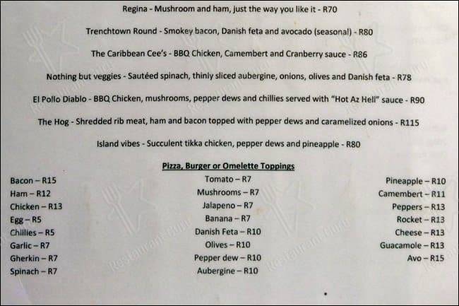 Menu at Trenchtown pub & bar, Cape Town
