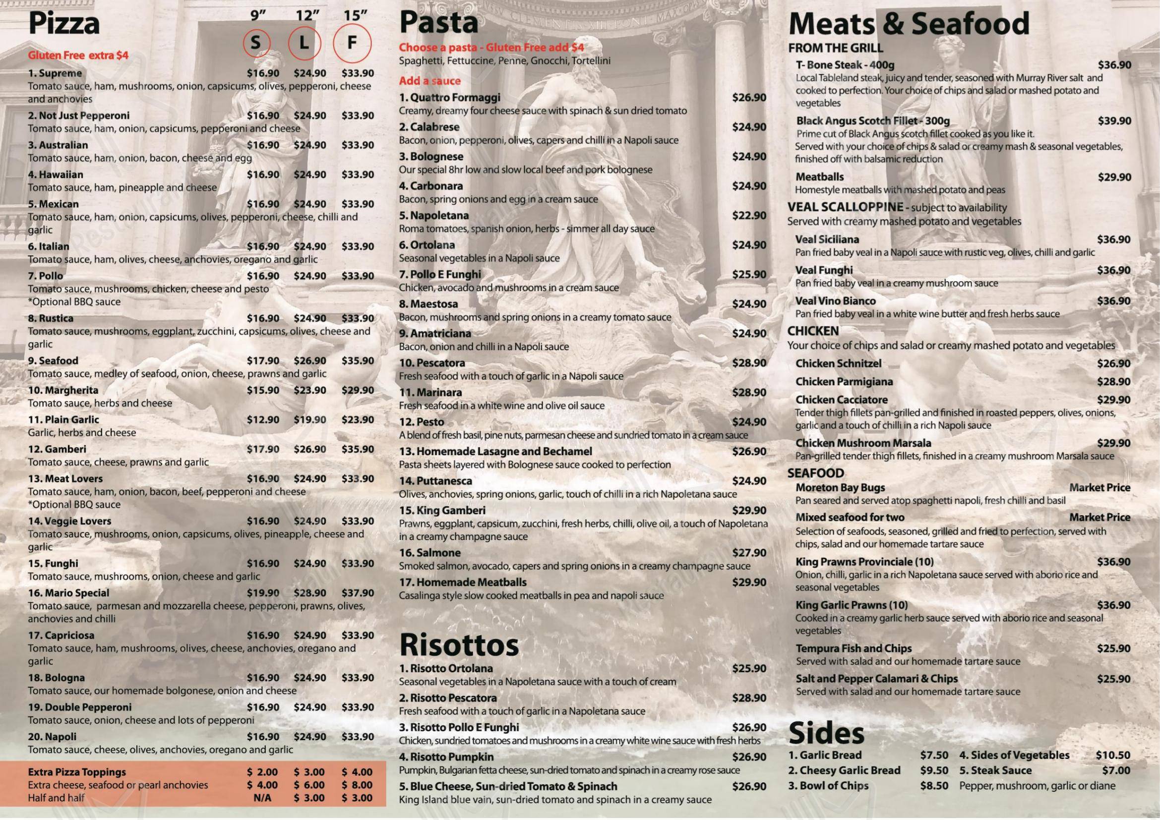 Menu at A Taste of Italy restaurant, Clifton Beach, LOT 3 Captain Cook Hwy