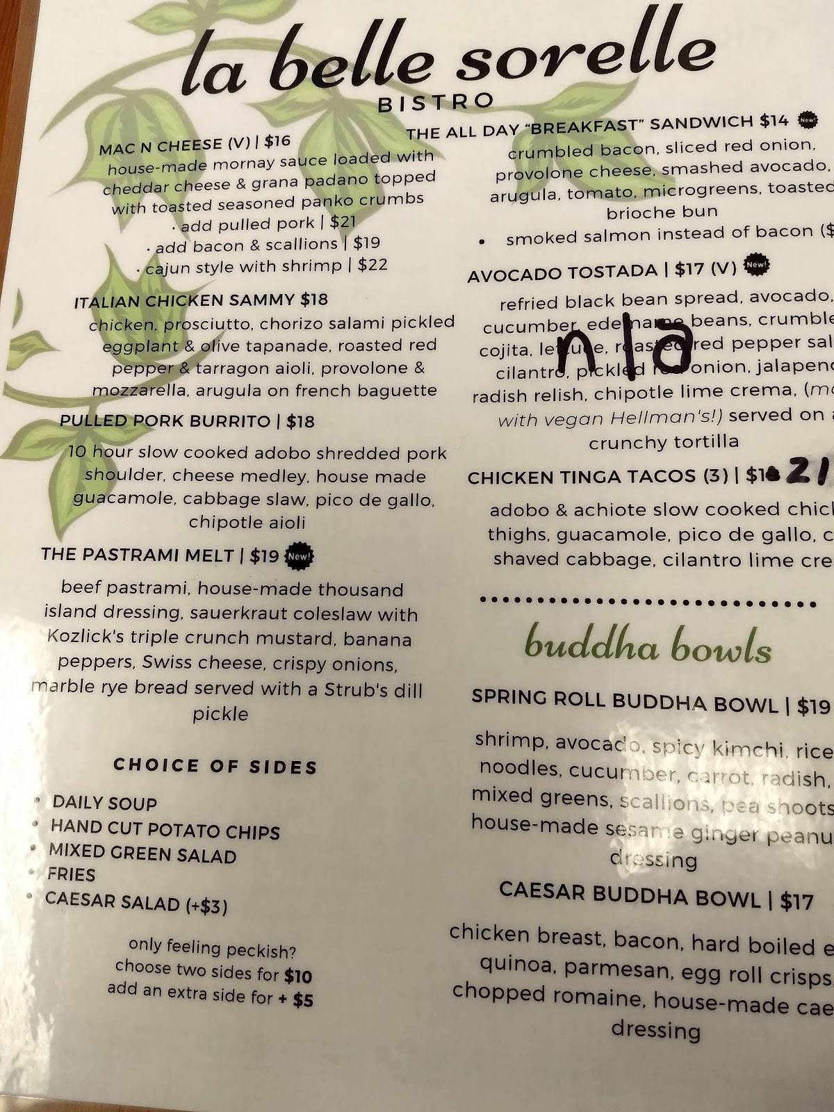 Menu at la belle sorelle bistro restaurant, Alexandria