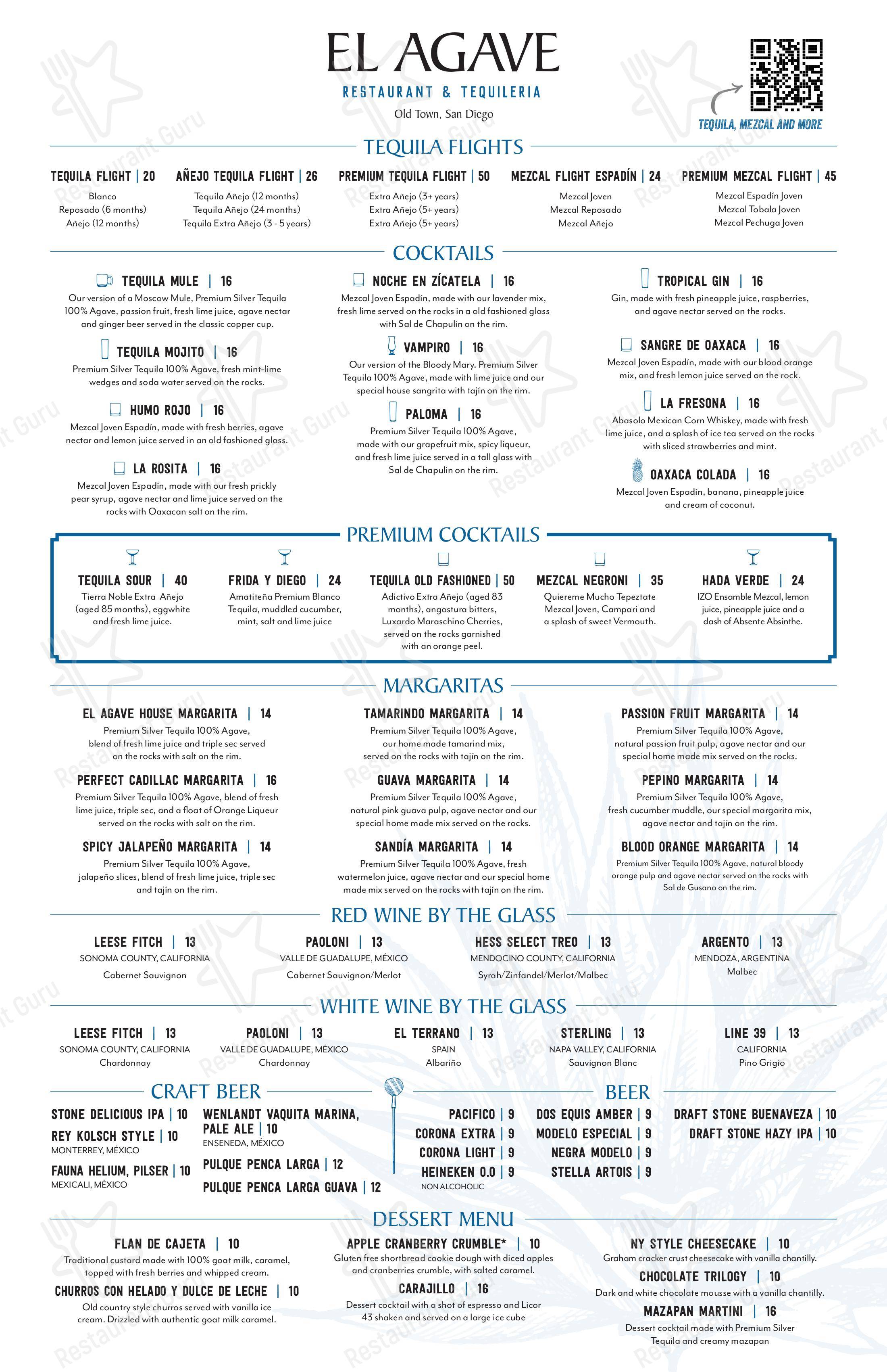 Menu at El Agave Restaurant & Tequileria, San Diego