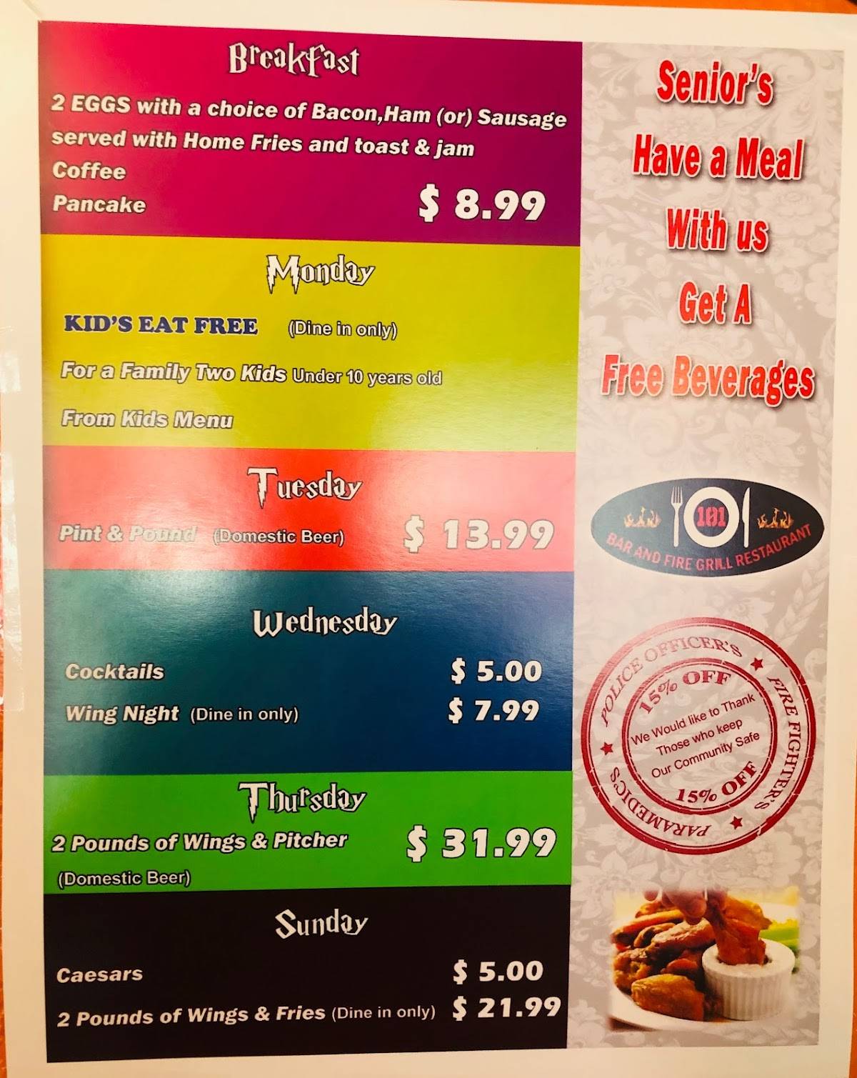 Menu at 101 Bar and Fire Grill Restaurant, Mitchell