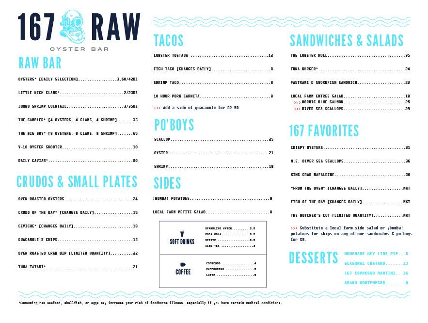 Menu at 167 Raw Oyster Bar, Charleston, 193 King St