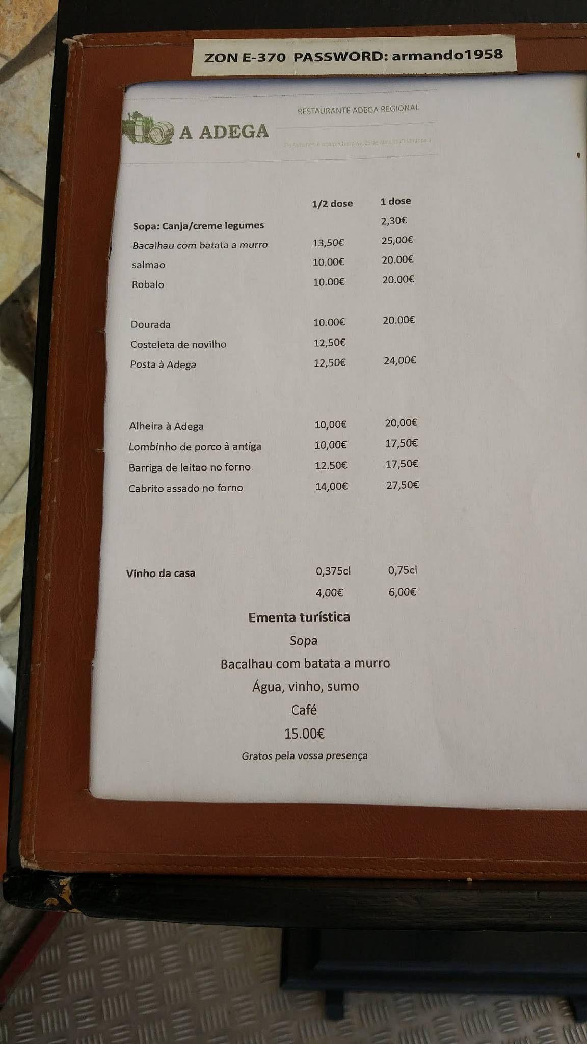 Menu em A Adega restaurante, Mirandela